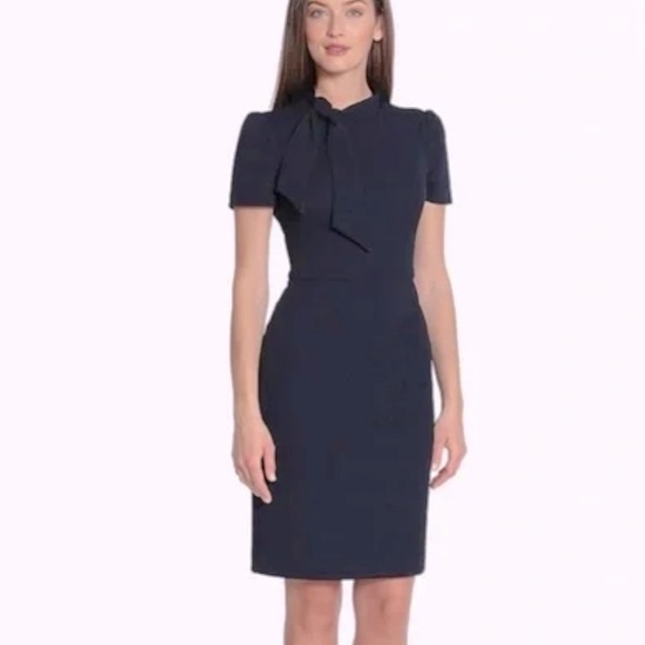 Maggy London | Dresses | Maggie London Tie Neck Puff Sleeve Scuba Crepe ...